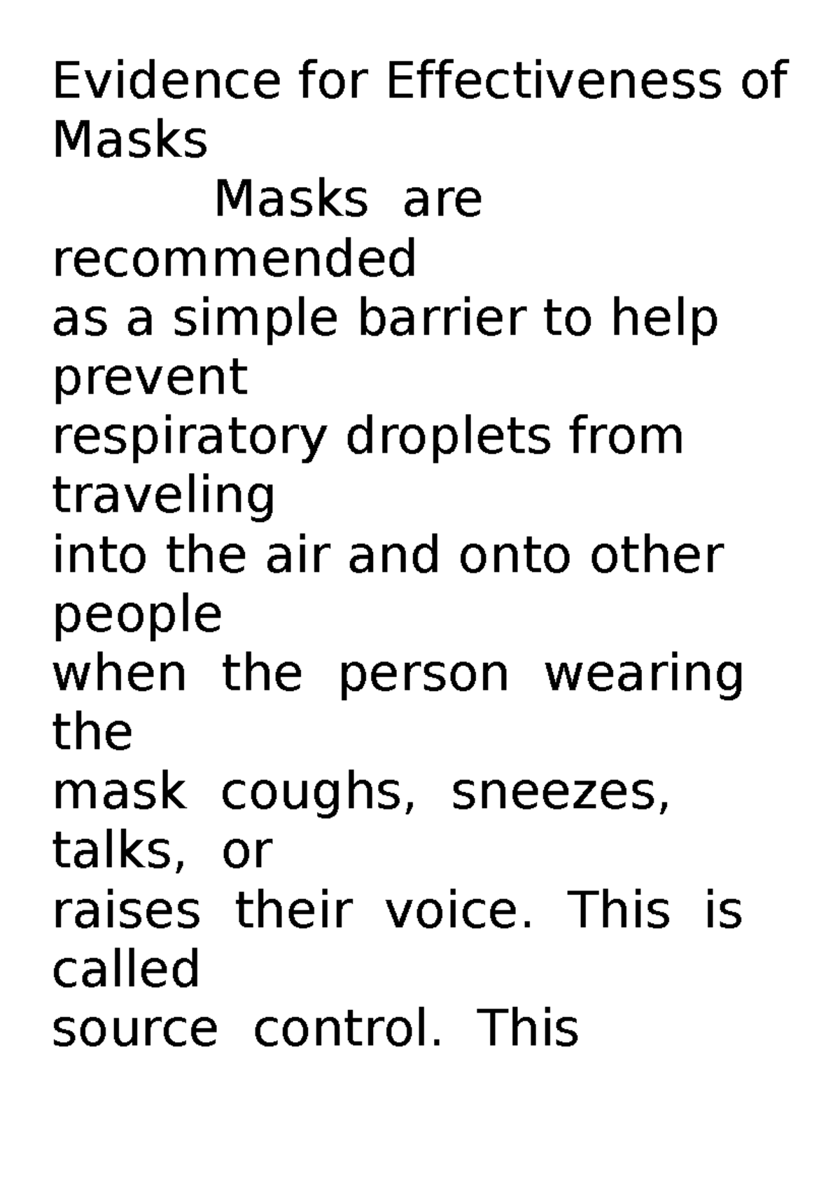 Group Activity Sheet - Evidence for Effectiveness of Masks Masks are ...