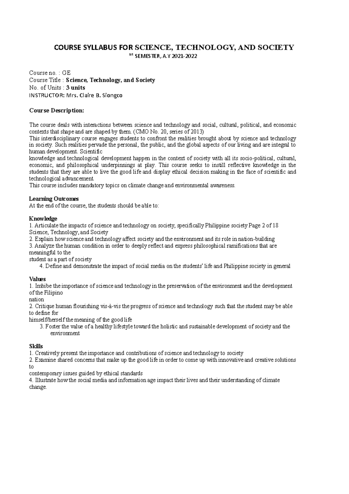 Science- Syllabus - COURSE SYLLABUS FOR SCIENCE, TECHNOLOGY, AND ...