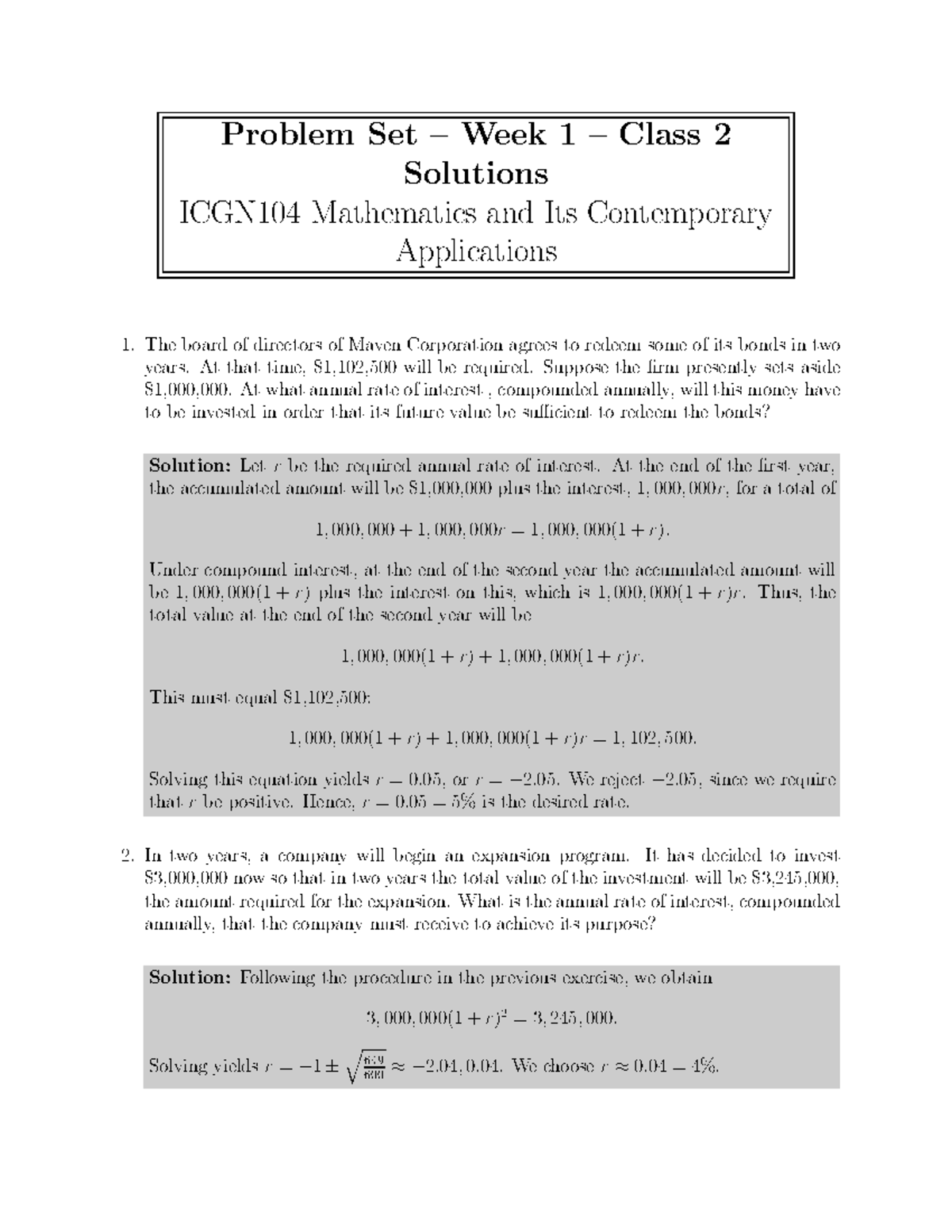 Week 1 class 2 solutions - Problem Set – Week 1 – Class 2 Solutions ICGN104 Mathematics and Its ...