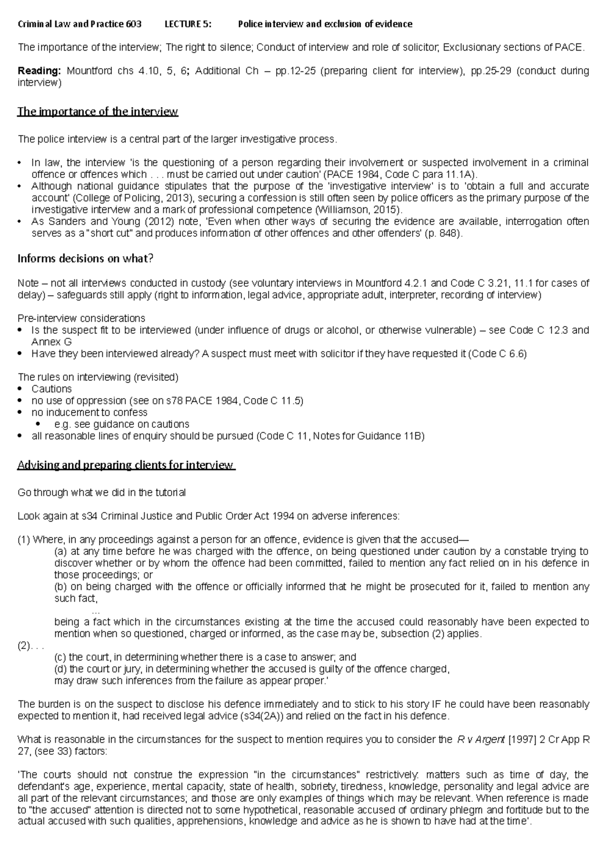 CLP Lect 5 police interview handout - Criminal Law and Practice 603 LECTURE 5: Police interview ...