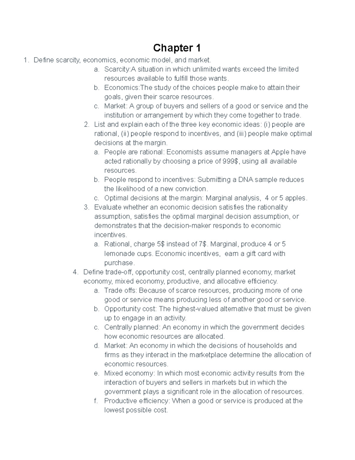 Final Exam Practice Questions ECON103 - Chapter 1 Define scarcity ...