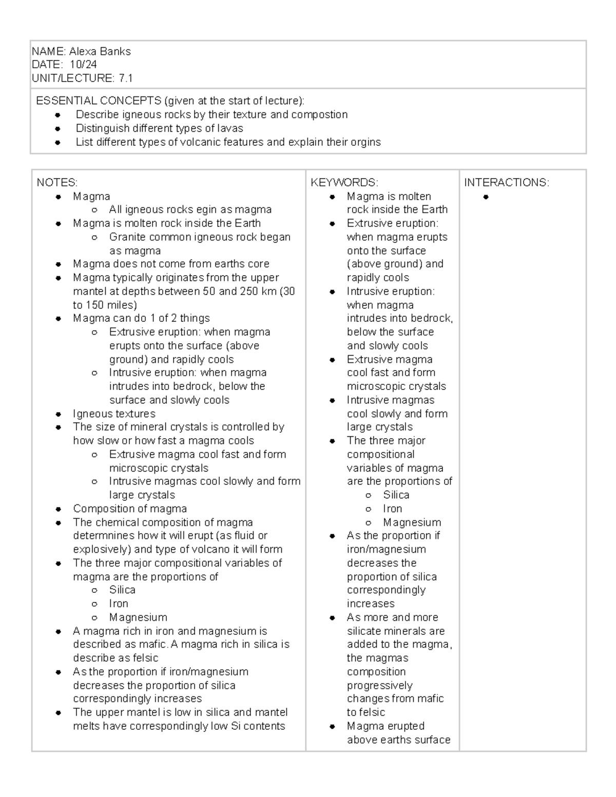 7.1 3-Column Notes - Describe igneous rocks by their texture and ...