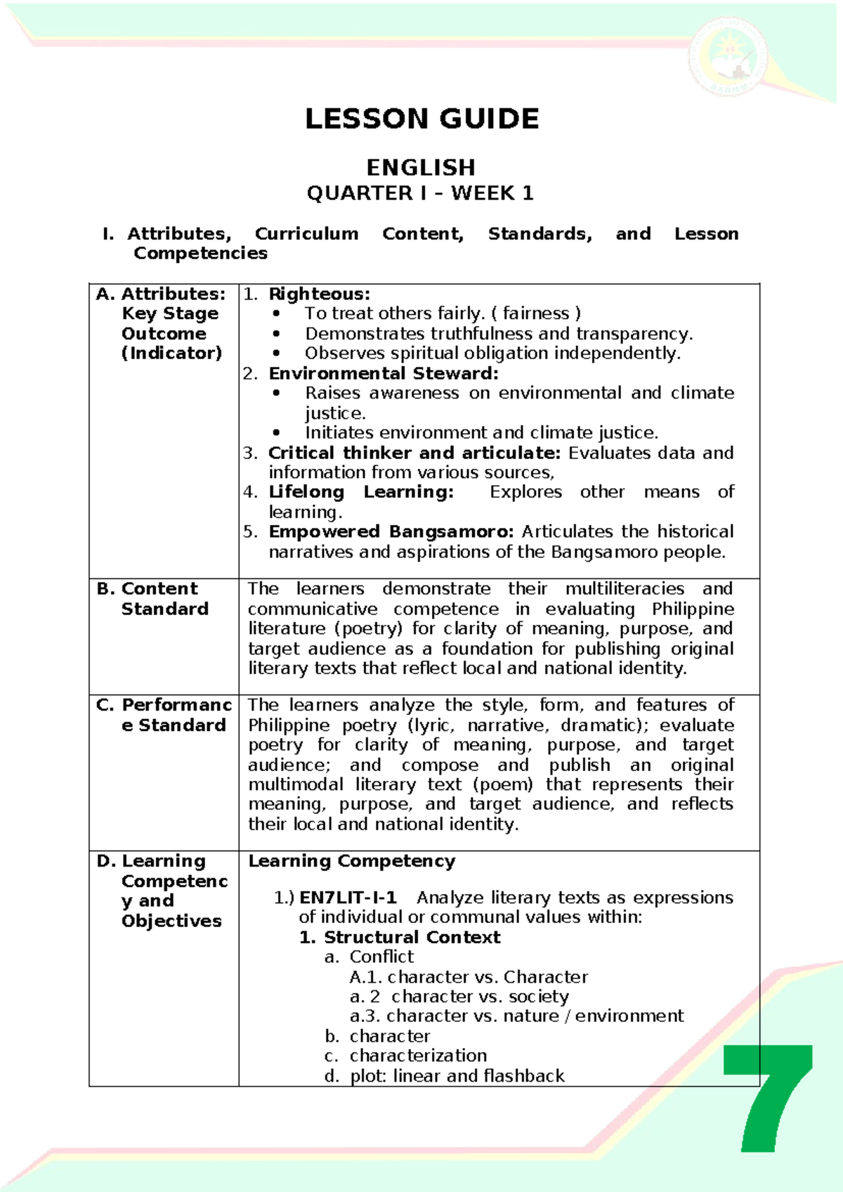 LG G7 eng Q1 W1 - Lesson log - LESSON GUIDE ENGLISH QUARTER I – WEEK 1 ...