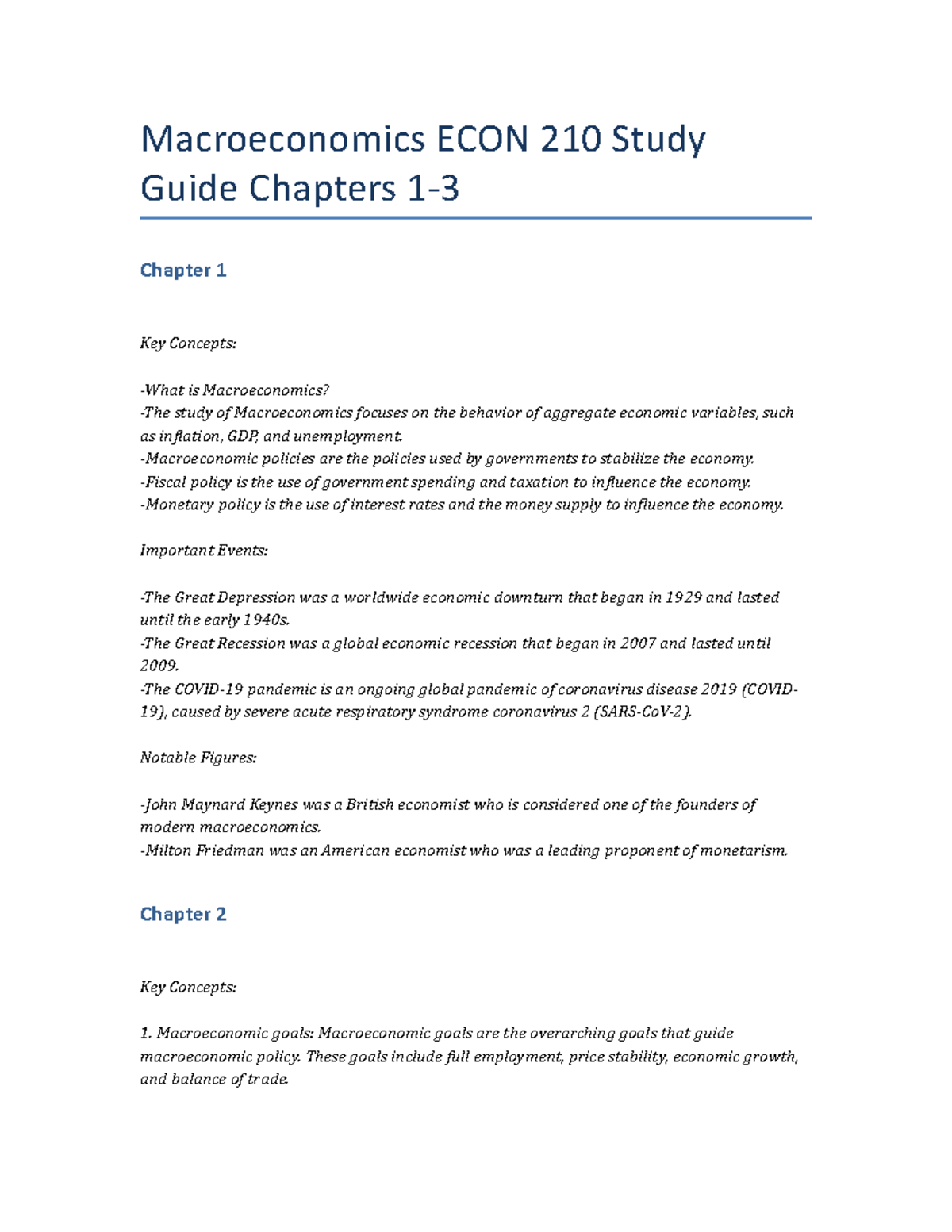 Macroeconomics ECON 210 Study Guide Chapters 1-3 - Macroeconomics ECON ...