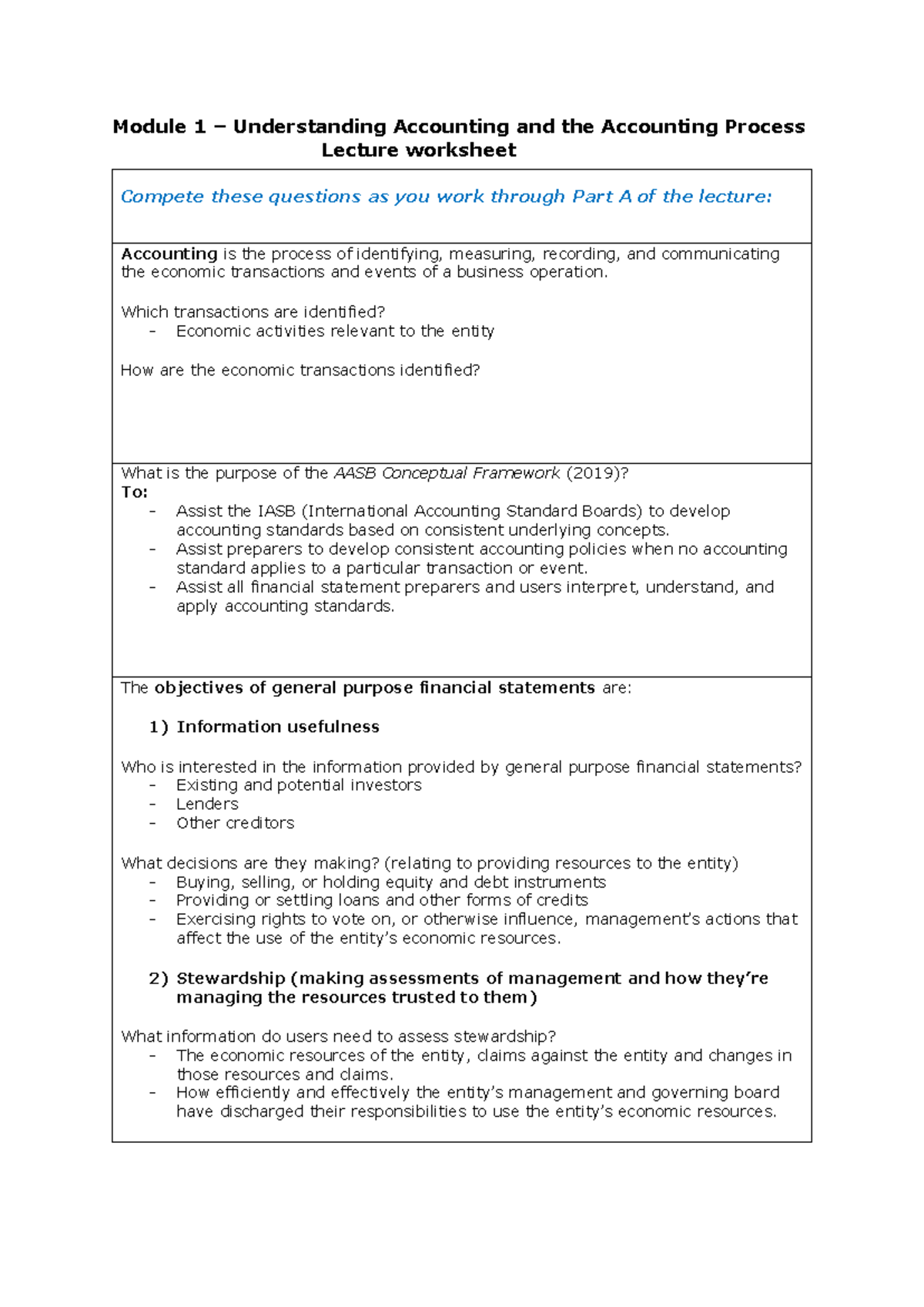 Module 1 Part A Lecture worksheet 2024 - Module 1 – Understanding ...