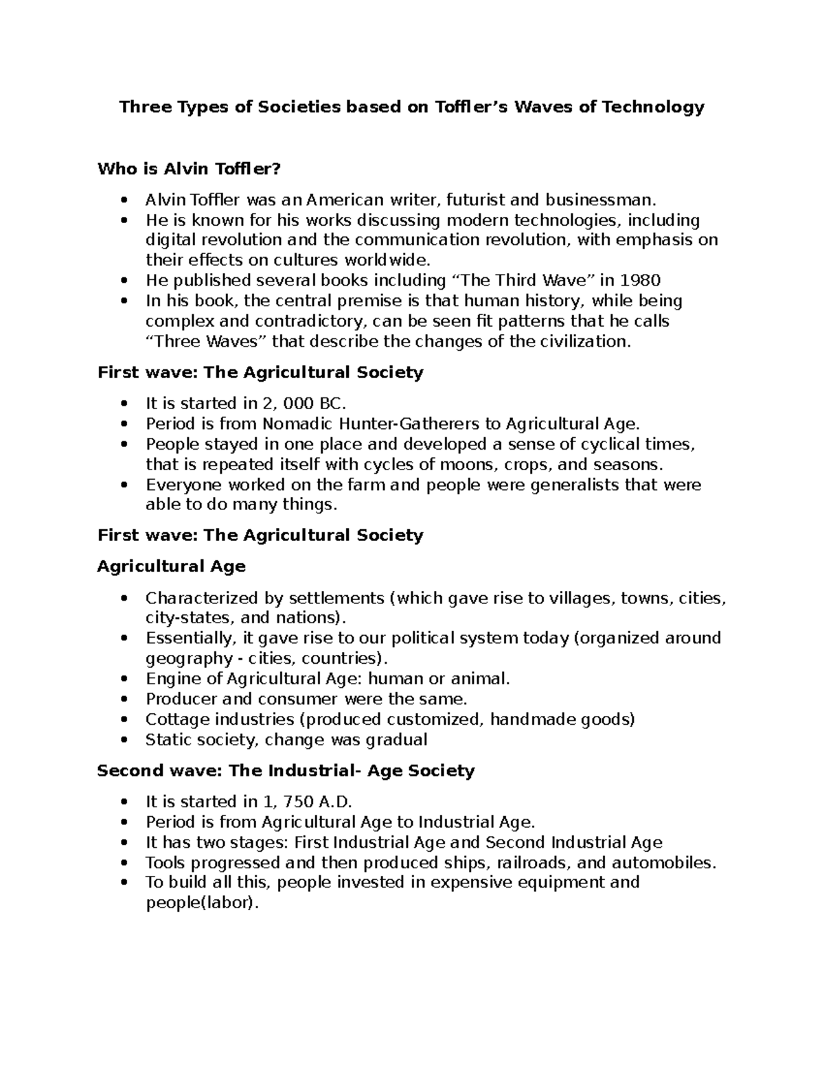 Three Types of Societies based on Toffler's Wave of technology - He is ...