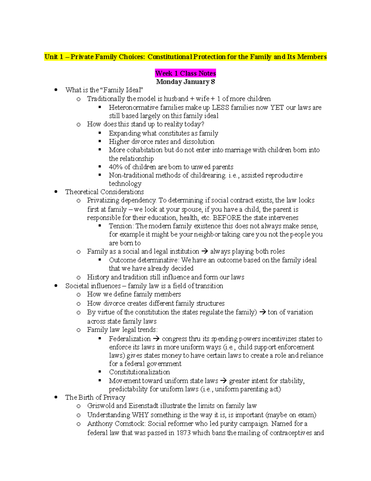 Family Law Lecture Notes - Unit 1 – Private Family Choices ...