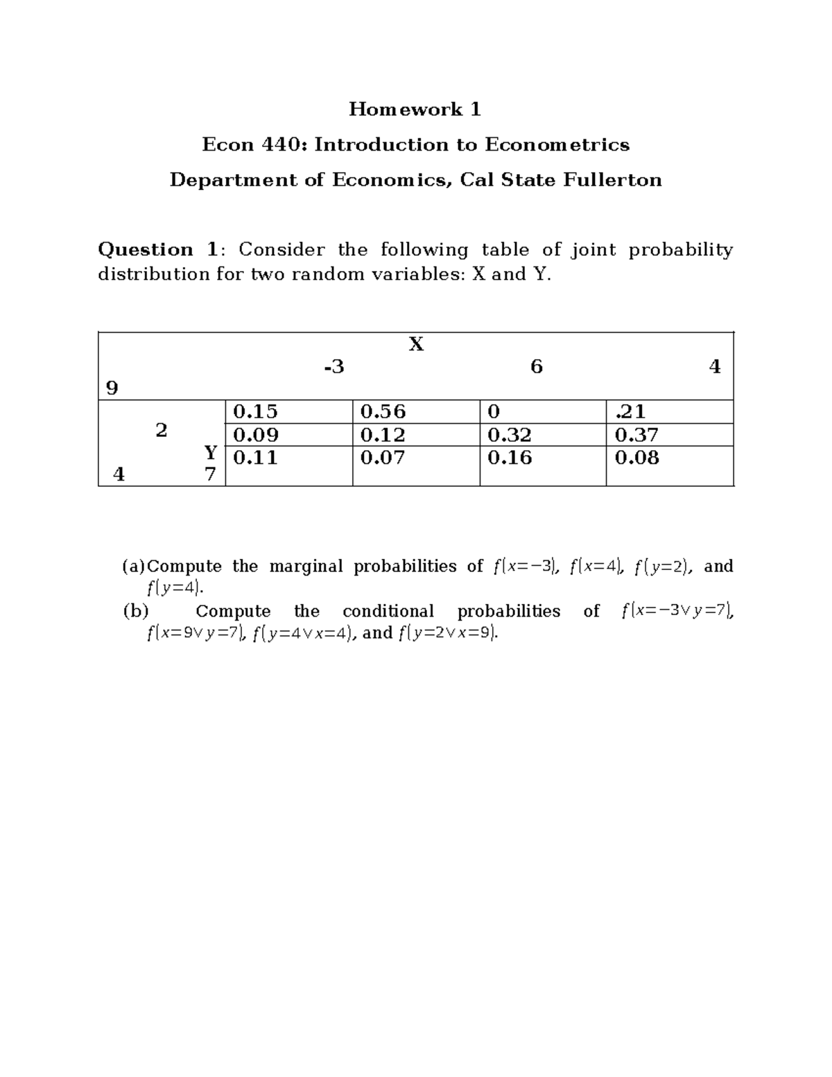 assignment of econ - Homework 1 Econ 440: Introduction to Econometrics Department of Economics ...
