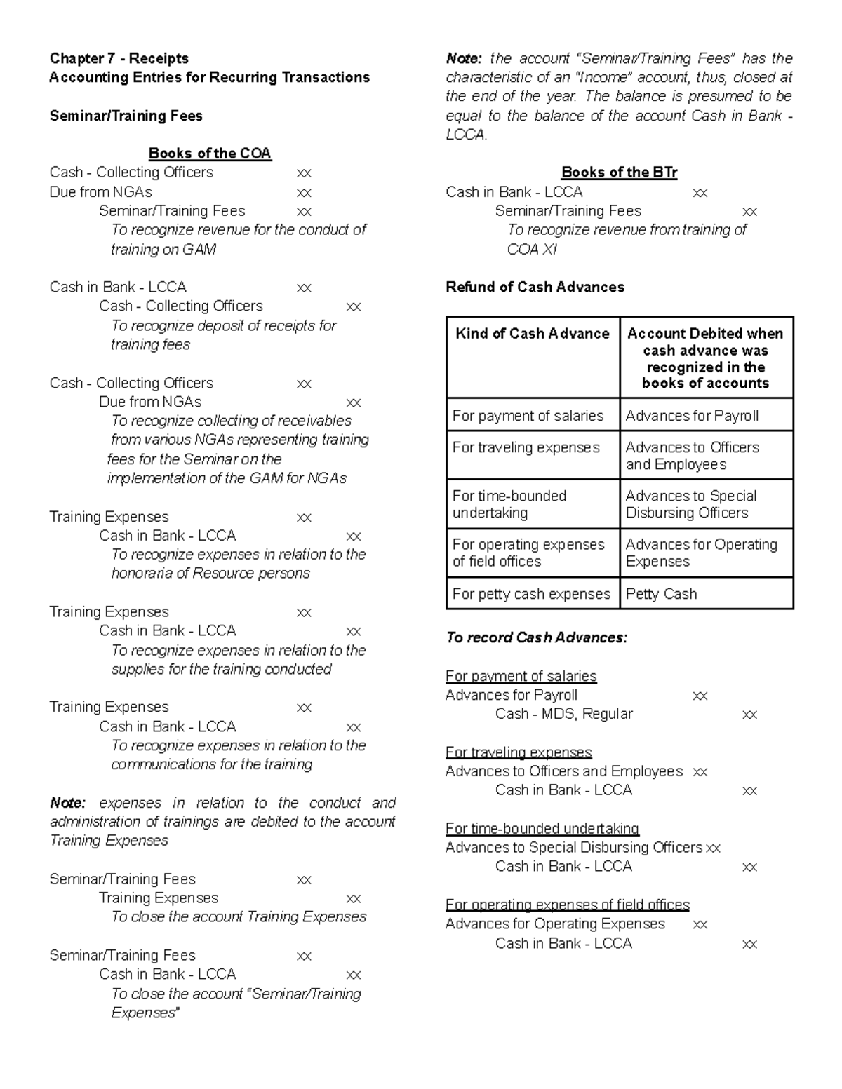 Chapter 7 - Receipts - Journal Entries - Chapter 7 - Receipts Accounting Entries for Recurring ...