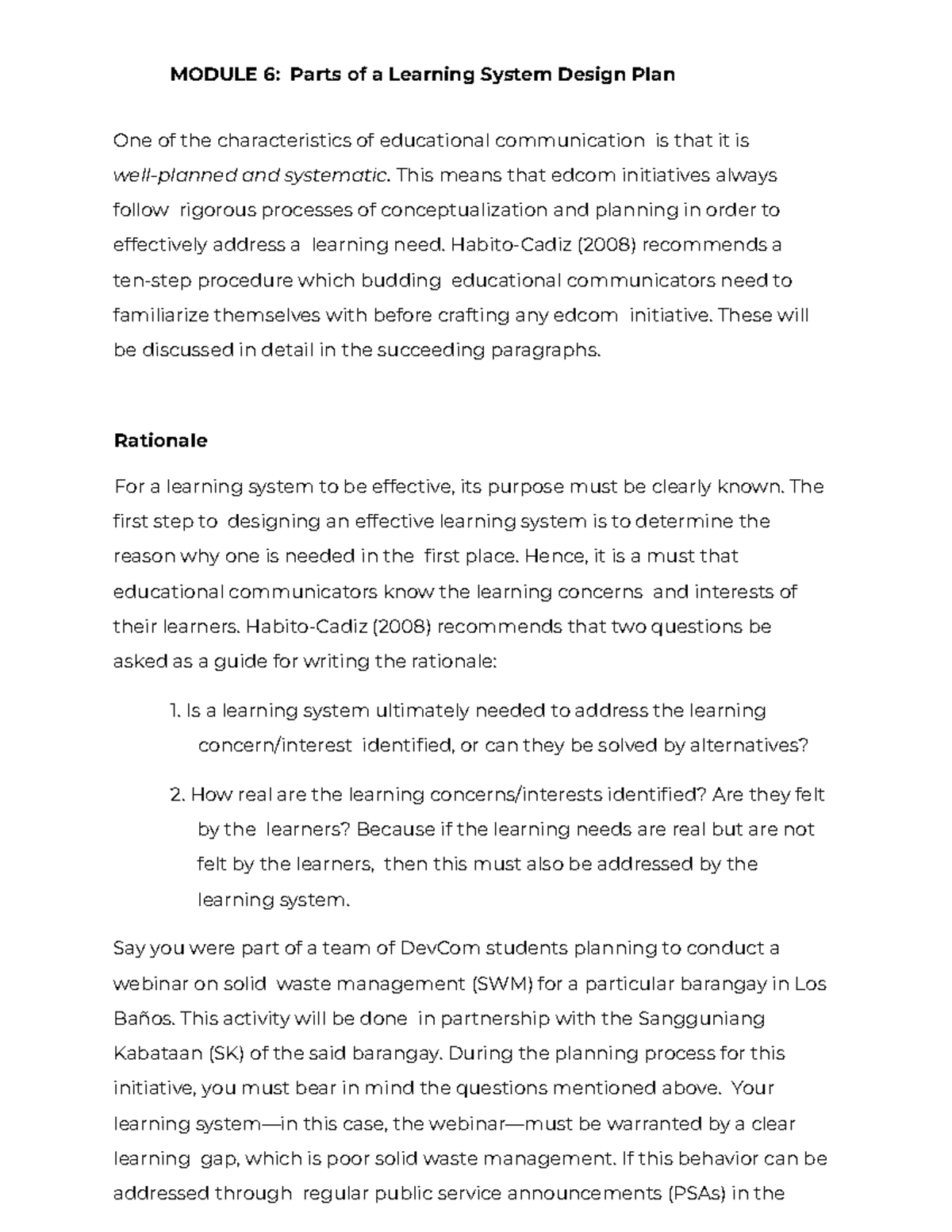 Module 6 - MODULE 6: Parts of a Learning System Design Plan One of the ...