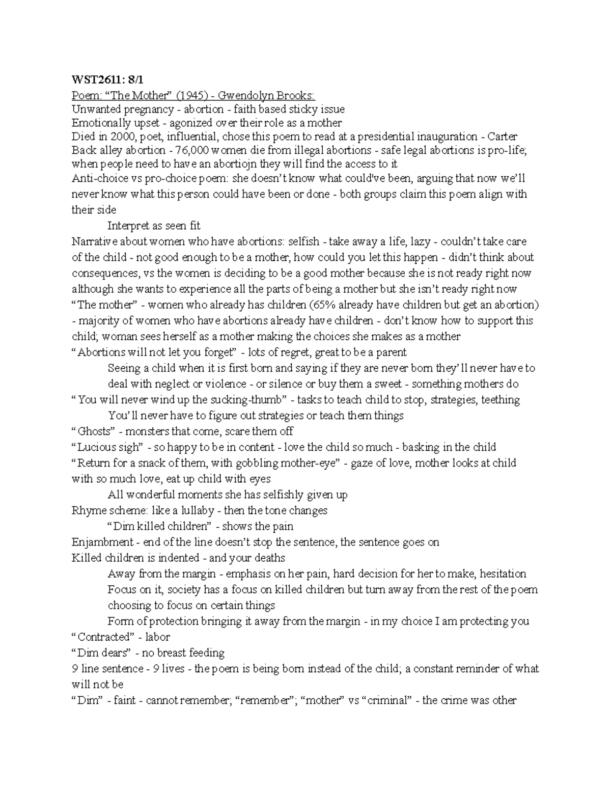 WST2611 8 1 - Lecture notes 2 - WST2611: 8/ Poem: “The Mother” (1945 ...