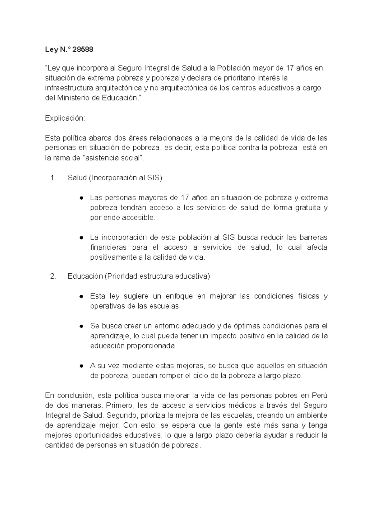 Política para reducir la pobreza en el Perú - Ley N.° 28588 “Ley que ...
