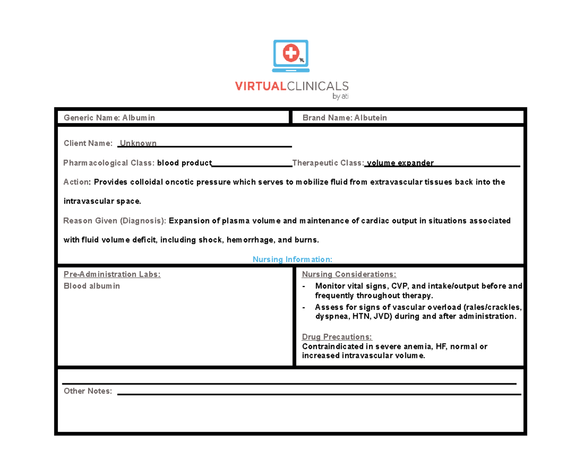 Swift River Drug Card albumin - NUR261 - Studocu