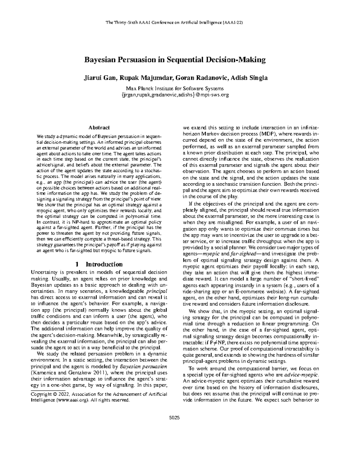 (AAAI-22) Bayesian Persuasion in Sequential Decision-Making - Bayesian Persuasion in Sequential ...