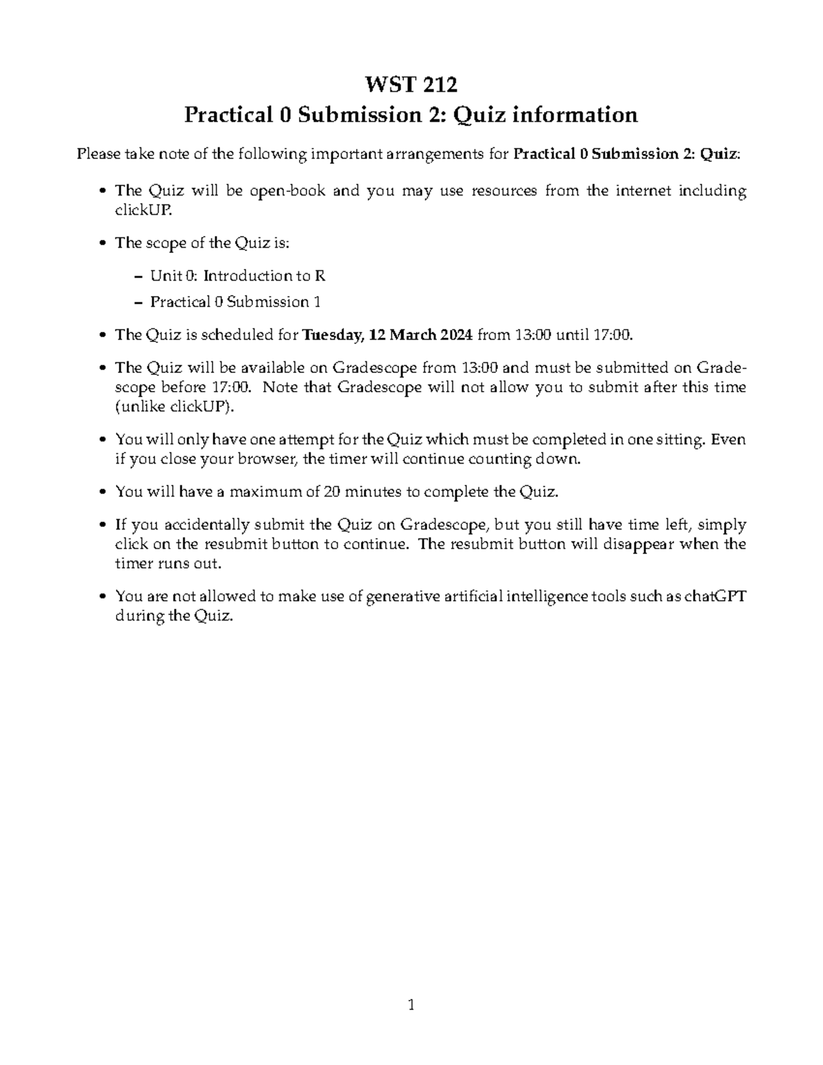 Practical 0 Quiz - WST 212 Practical 0 Submission 2: Quiz information Please take note of the ...