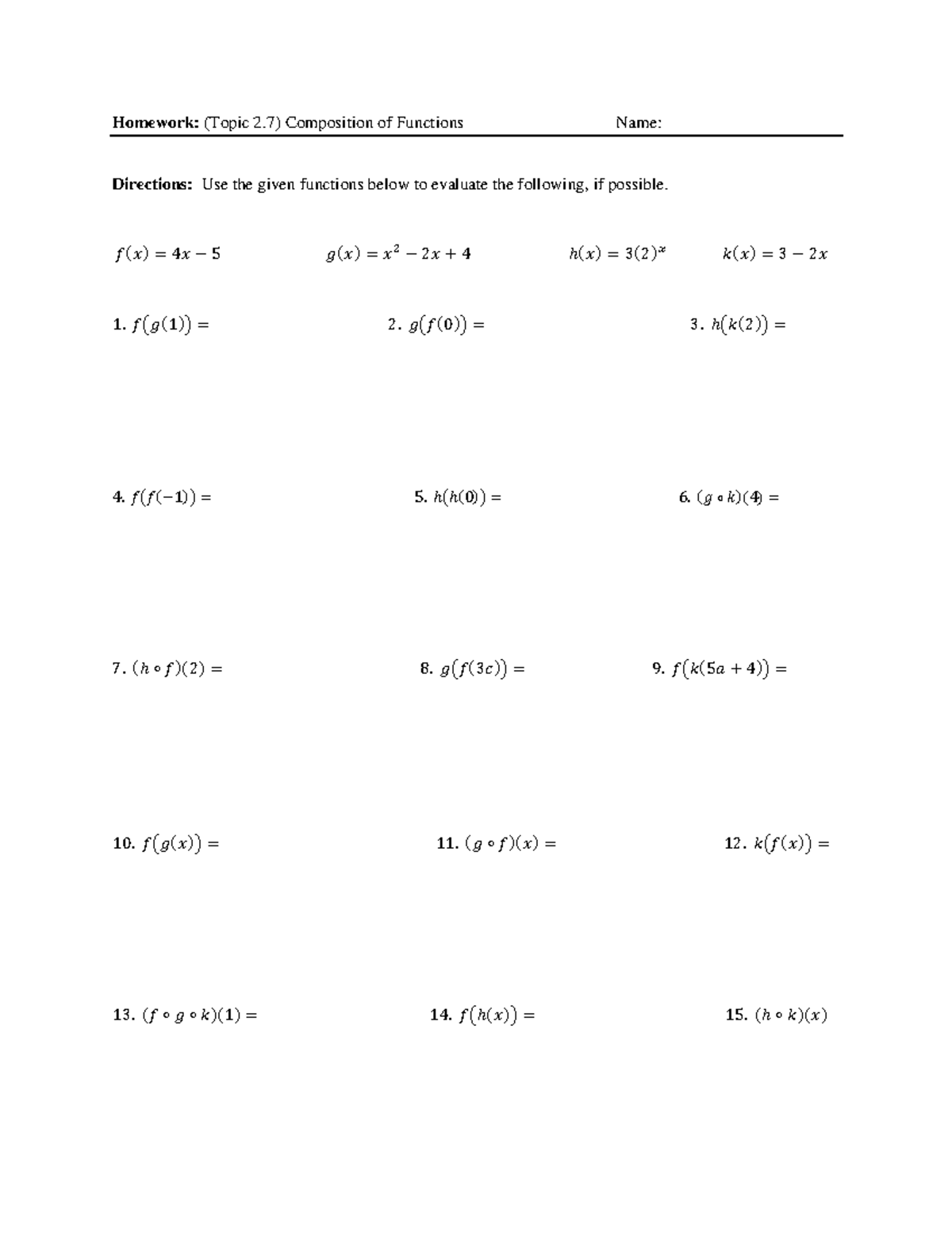 HW 2 - math hw - Homework: (Topic 2) Composition of Functions Name ...