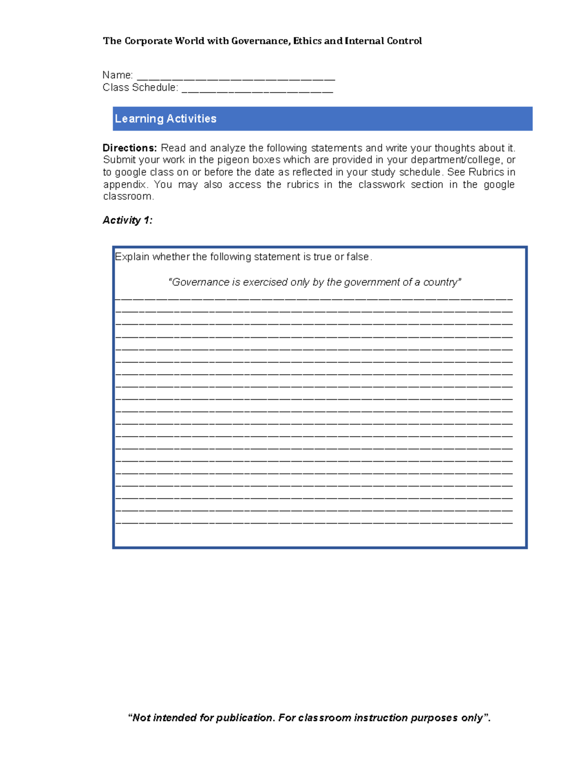 UNIT I Activity 1 Corporate Governance, Business Ethics, Risk ...
