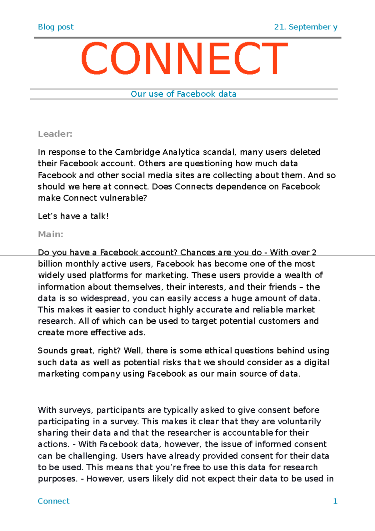 Connect blogpost - Opgave - Blog post 21. September y Leader: In ...