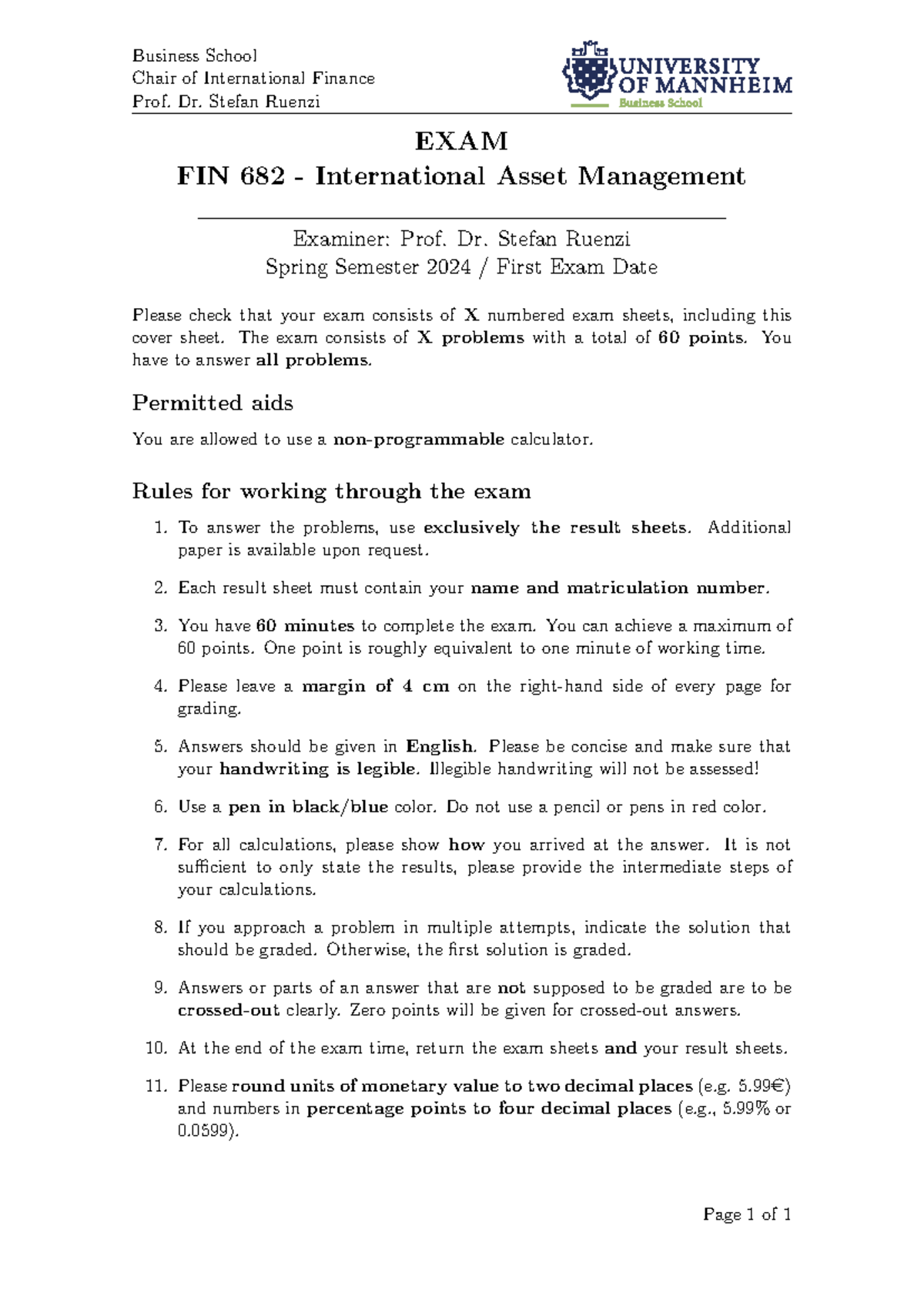 Exam Cover Sheet Example - Business School Chair of International ...