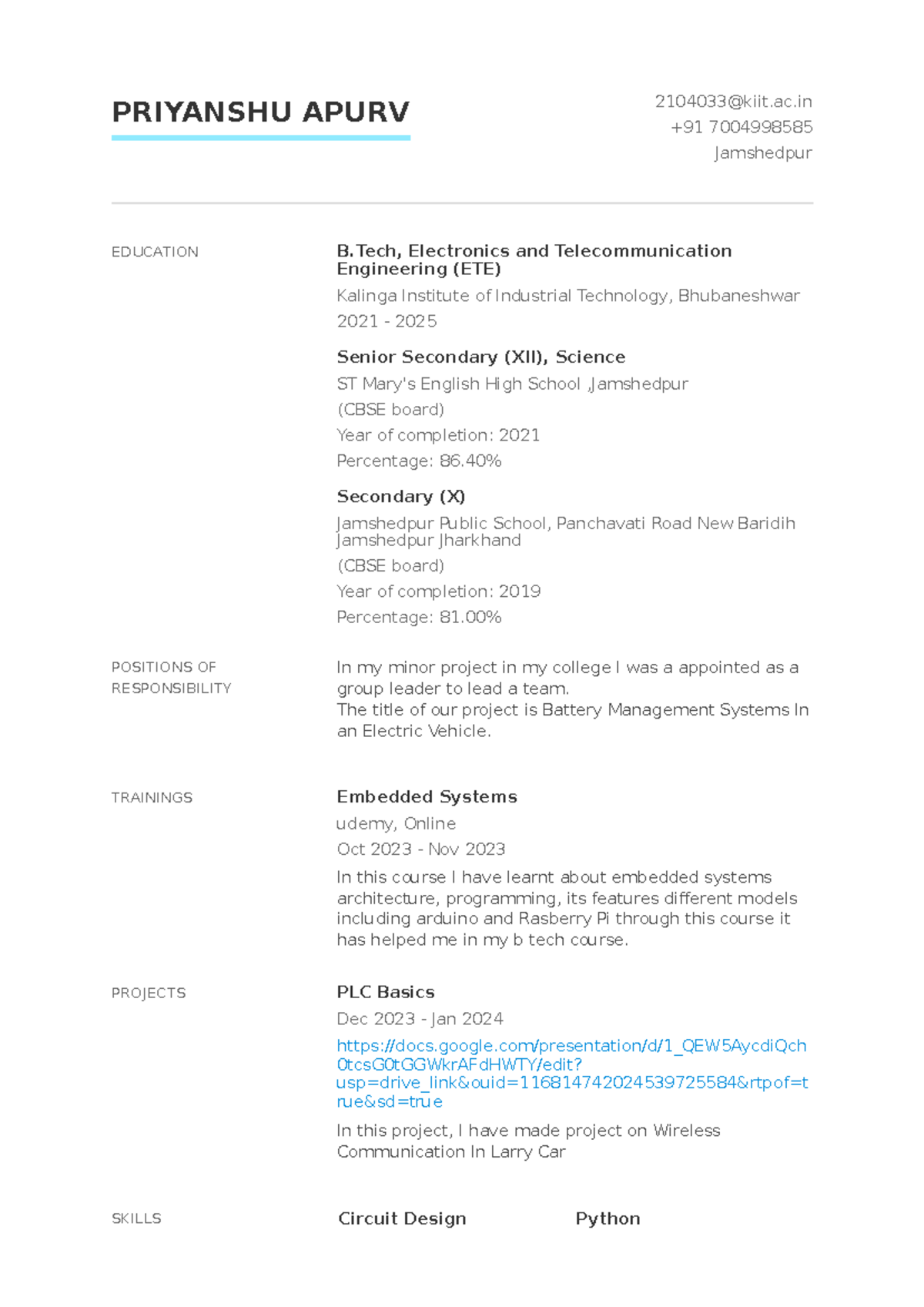 Priyanshuapurv Internshala Resume - PRIYANSHU APURV 2104033@kiit.ac +91 7004998585 Jamshedpur ...