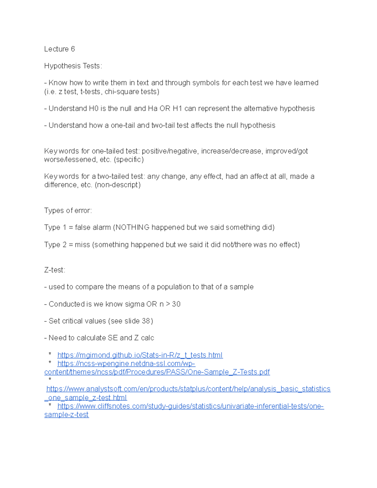 Stat - Stats notes !!!!! - Lecture 6 Hypothesis Tests: Know how to ...