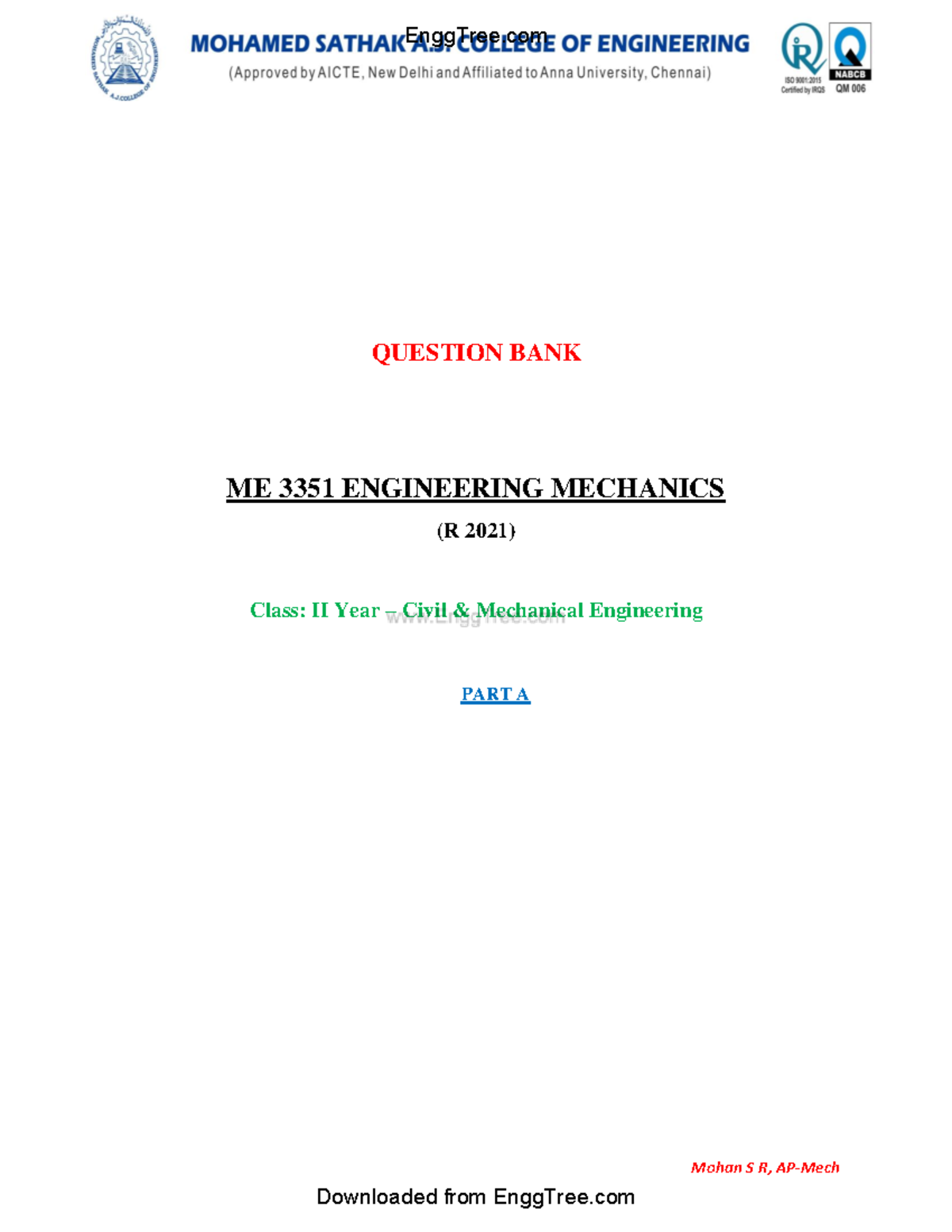 ME3351 Engineering Mechanics Two Mark Questions 1 - Mohan S R, AP-Mech ME 3351 ENGINEERING ...