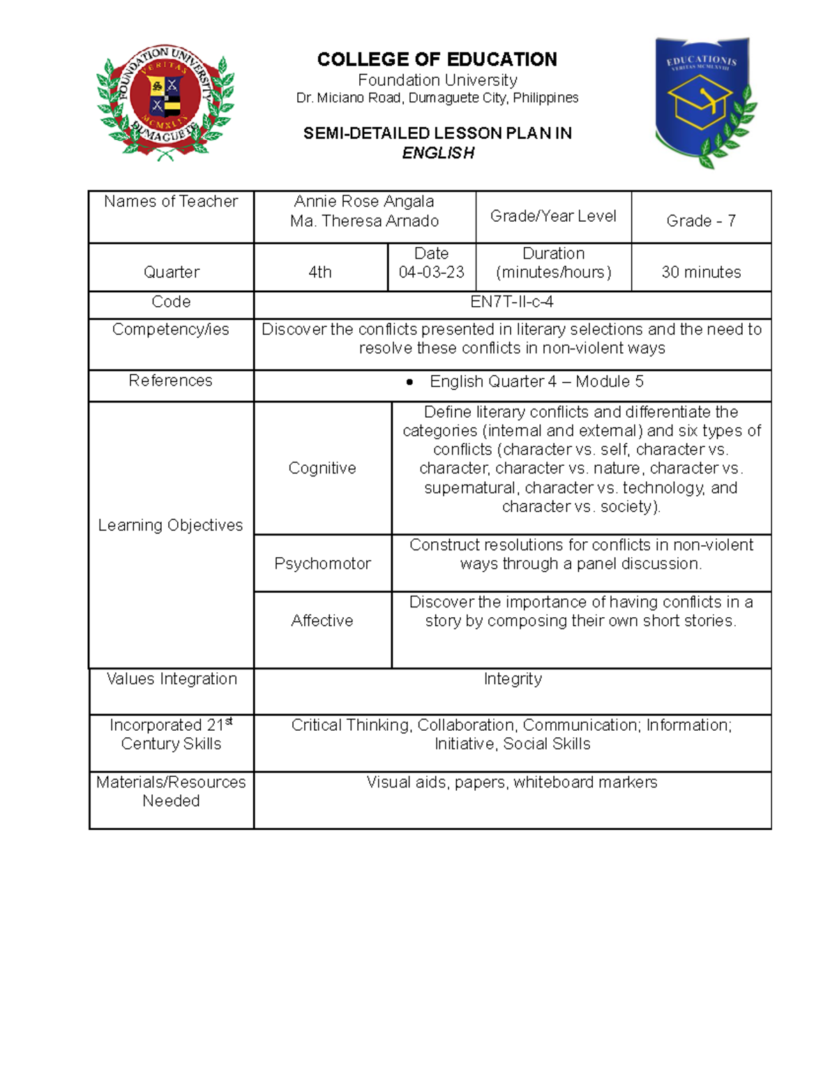 Literary Conflicts (Grade 7) - COLLEGE OF EDUCATION Foundation ...