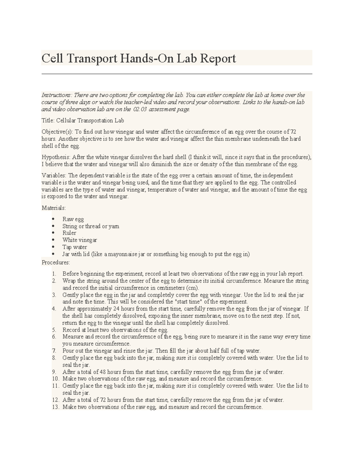 Cellular Transportation Lab - Cell Transport Hands-On Lab Report ...
