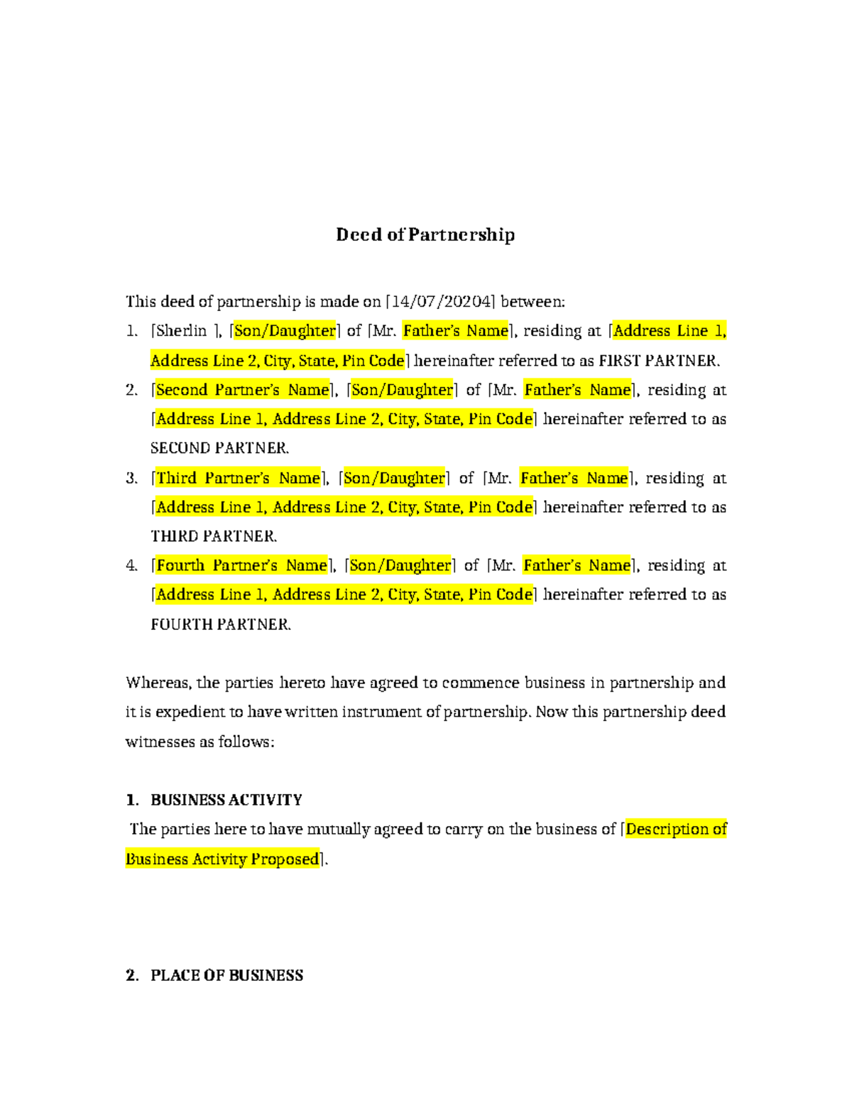 Partnership-deed-format - Deed of Partnership This deed of partnership ...