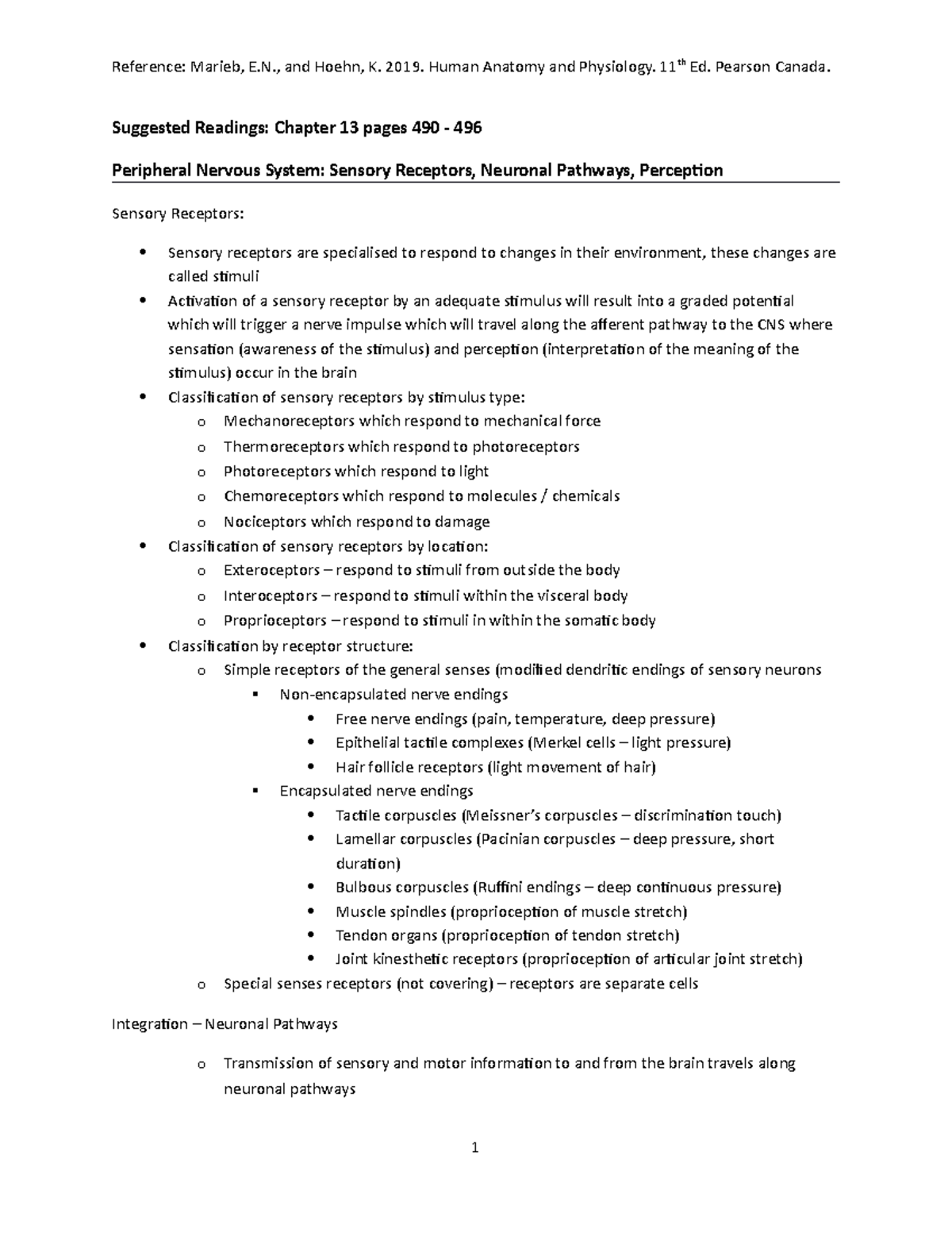PNS - Sensory Pain Pathways - Reference: Marieb, E., and Hoehn, K. 2019 ...