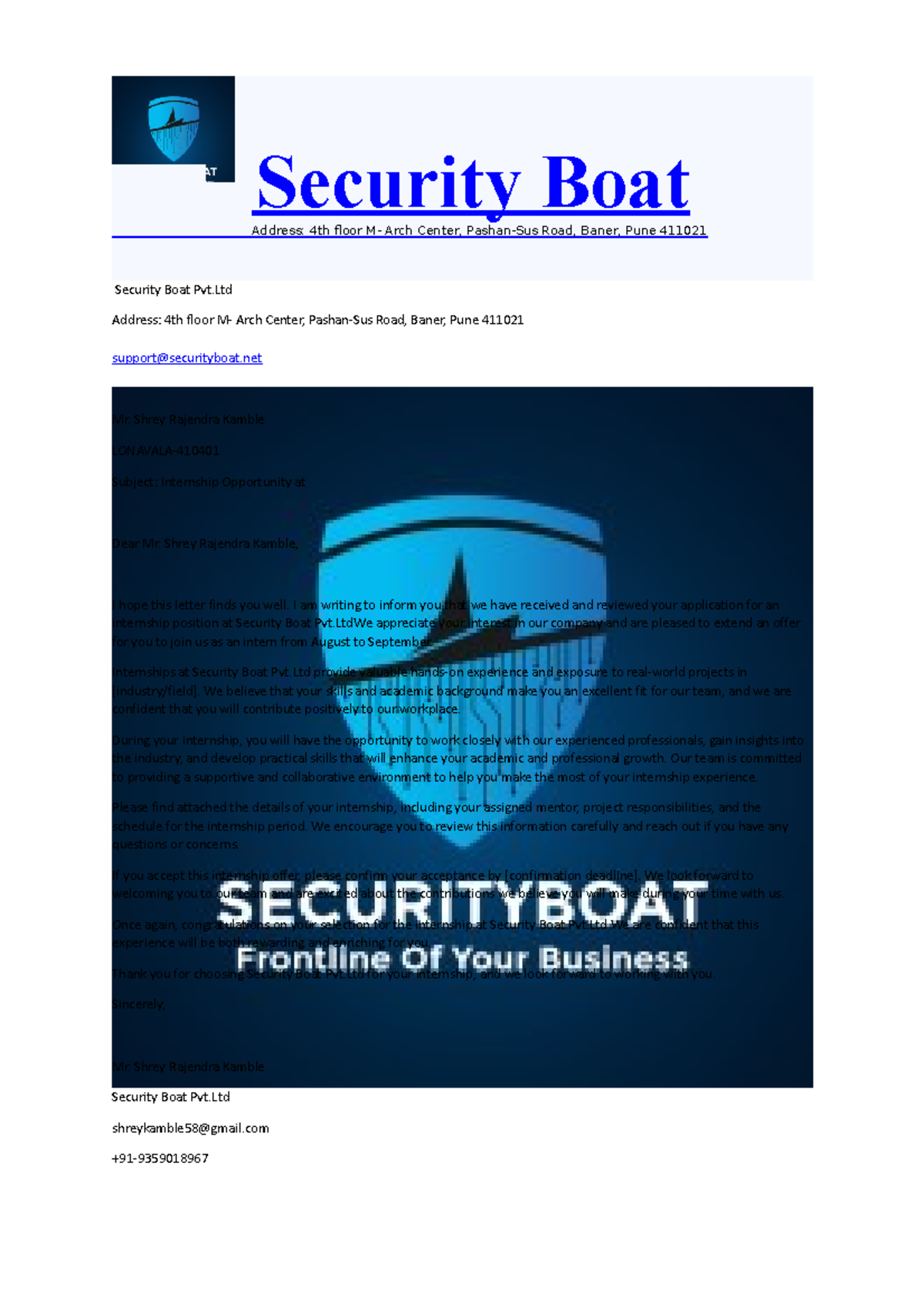 Security Boat Pvt - NICD FFX VVC - Security Boat Address: 4th floor M- Arch Center, Pashan-Sus ...
