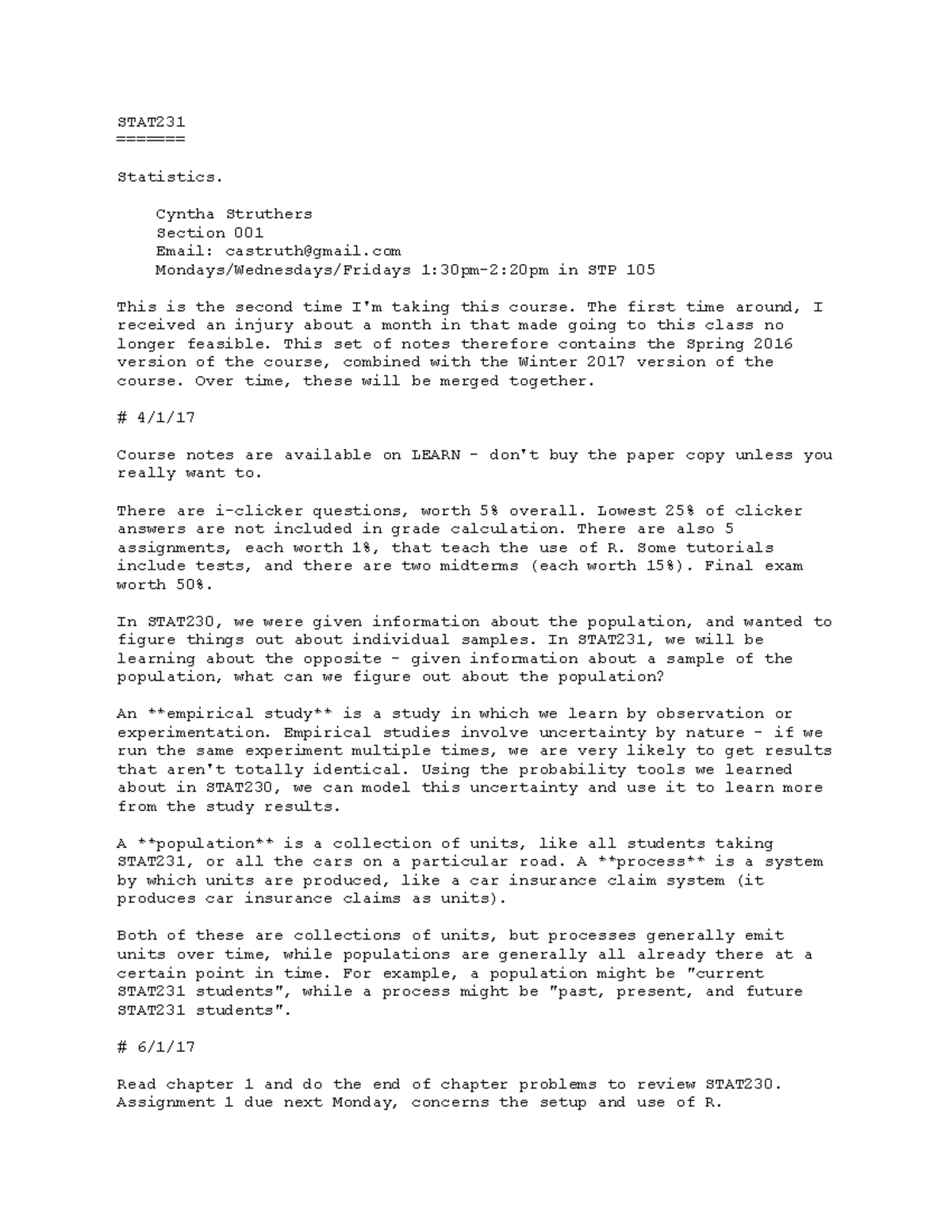 STAT231 Lecture Notes - STAT ======= Statistics. Cyntha Struthers ...