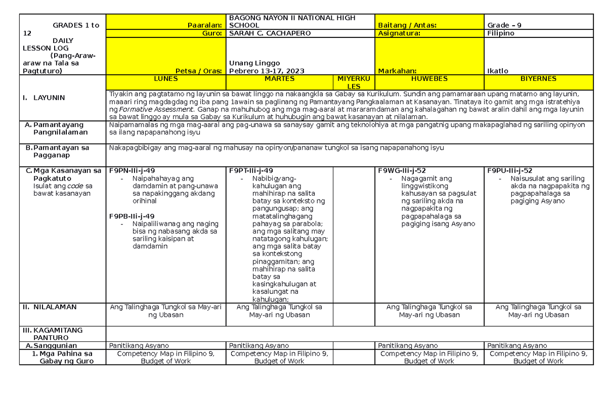 DLL Sample - LESSON PLAN - GRADES 1 to 12 DAILY LESSON LOG (Pang-Araw ...