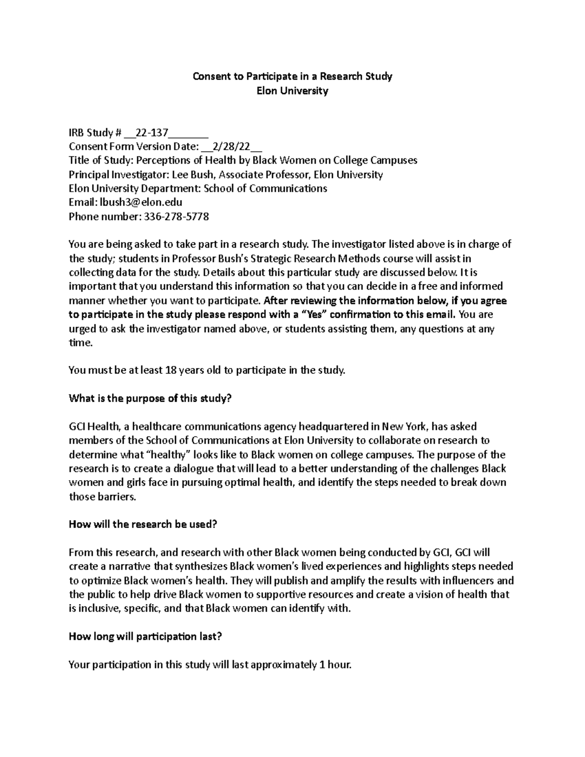 Consent Form - in-class work for project - Consent to Participate in a ...