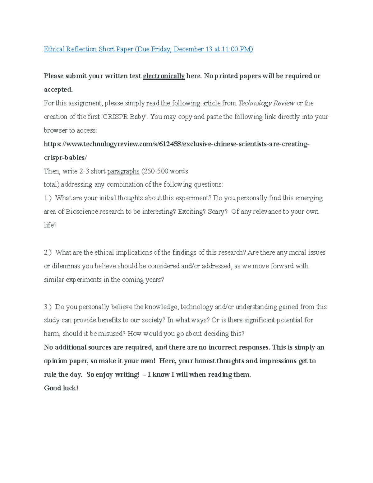 Ethical Reflection Bio 100 - Ethical Reflection Short Paper (Due Friday ...