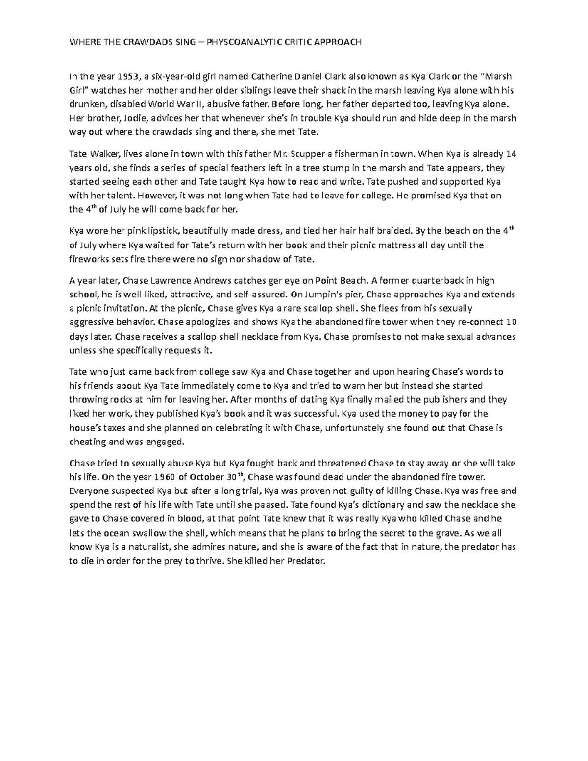 Summary Critic Paper Alyzza Benitez - WHERE THE CRAWDADS SING ...