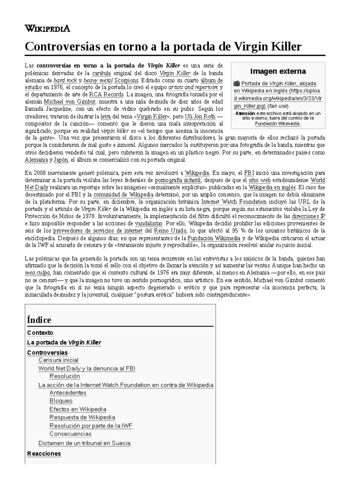 Controversias en torno a la portada de Virgin Killer - Imagen externa ...