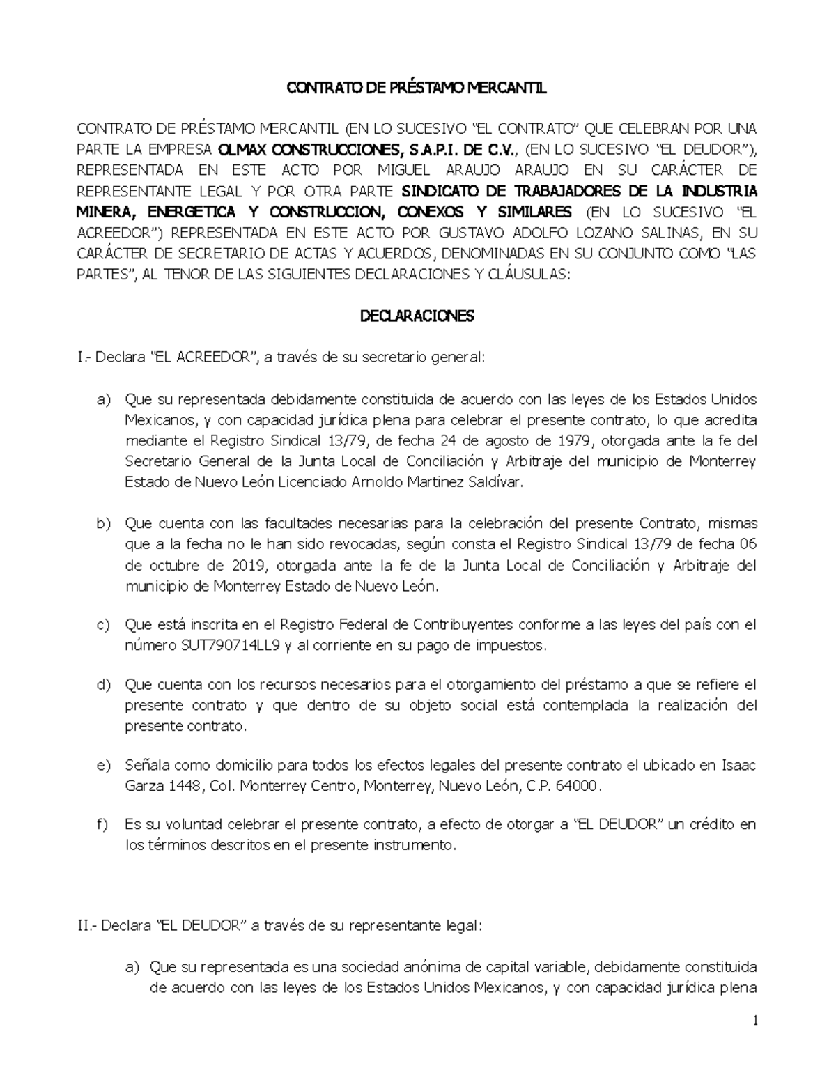 Contrato de prestamo simple Olmax-Sindicato Minero - CONTRATO DE ...