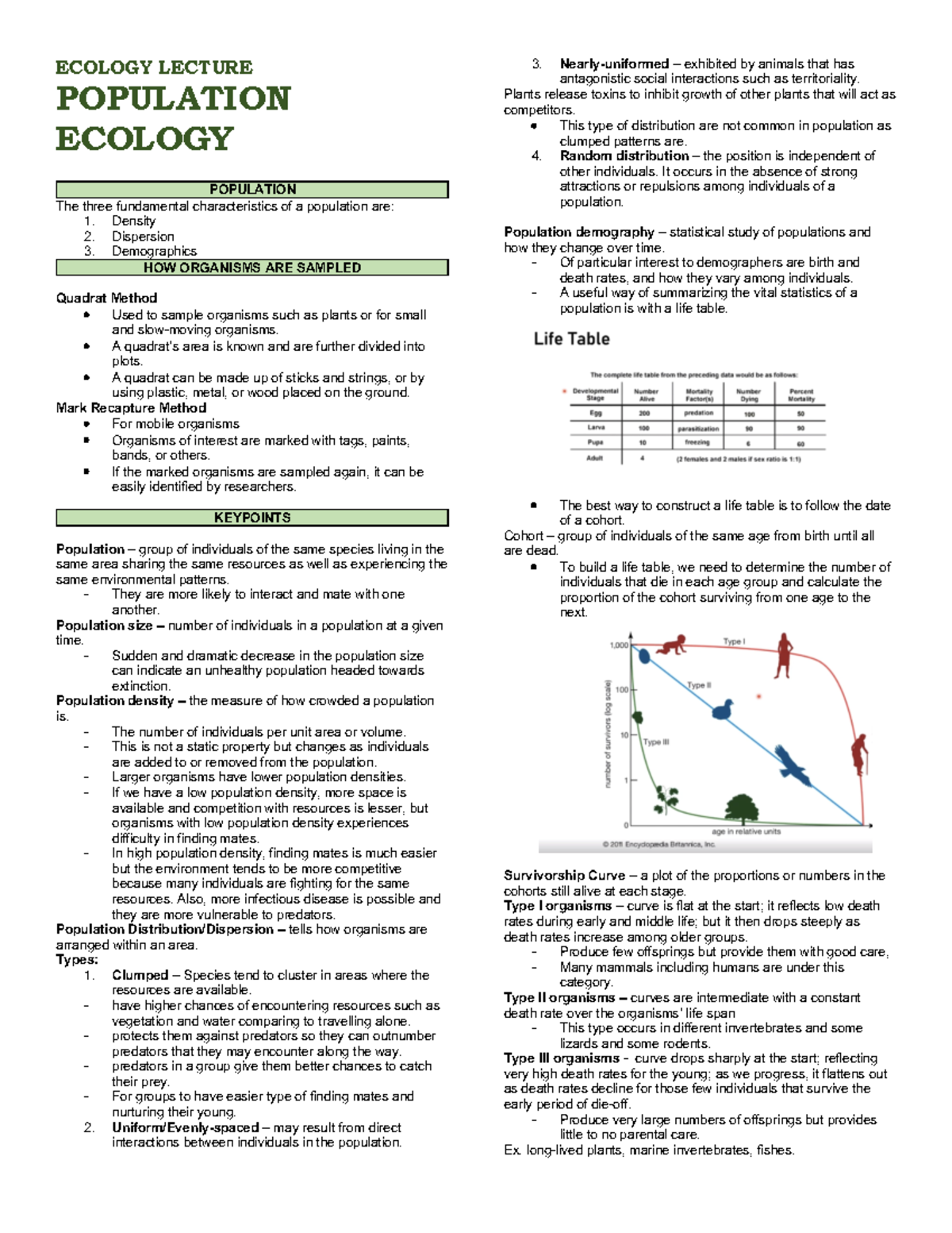 LEC 11 Population Ecology - ECOLOGY LECTURE POPULATION ECOLOGY ...