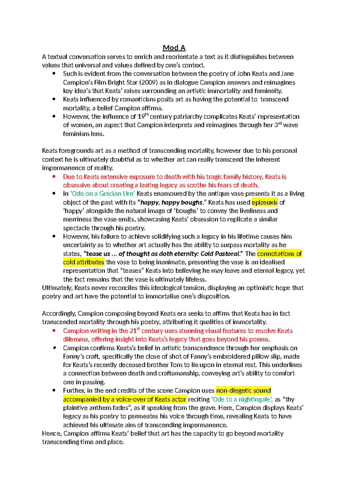 Mod A - Mod A essay on keats - Mod A A textual conversation serves to ...