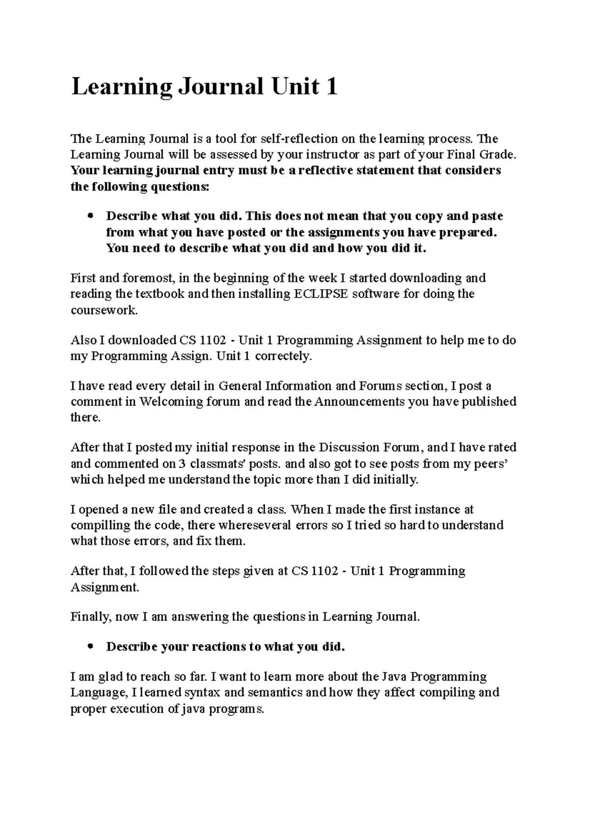 CS 1102 - Unit 1 Learning Journal - Learning Journal Unit 1 The ...