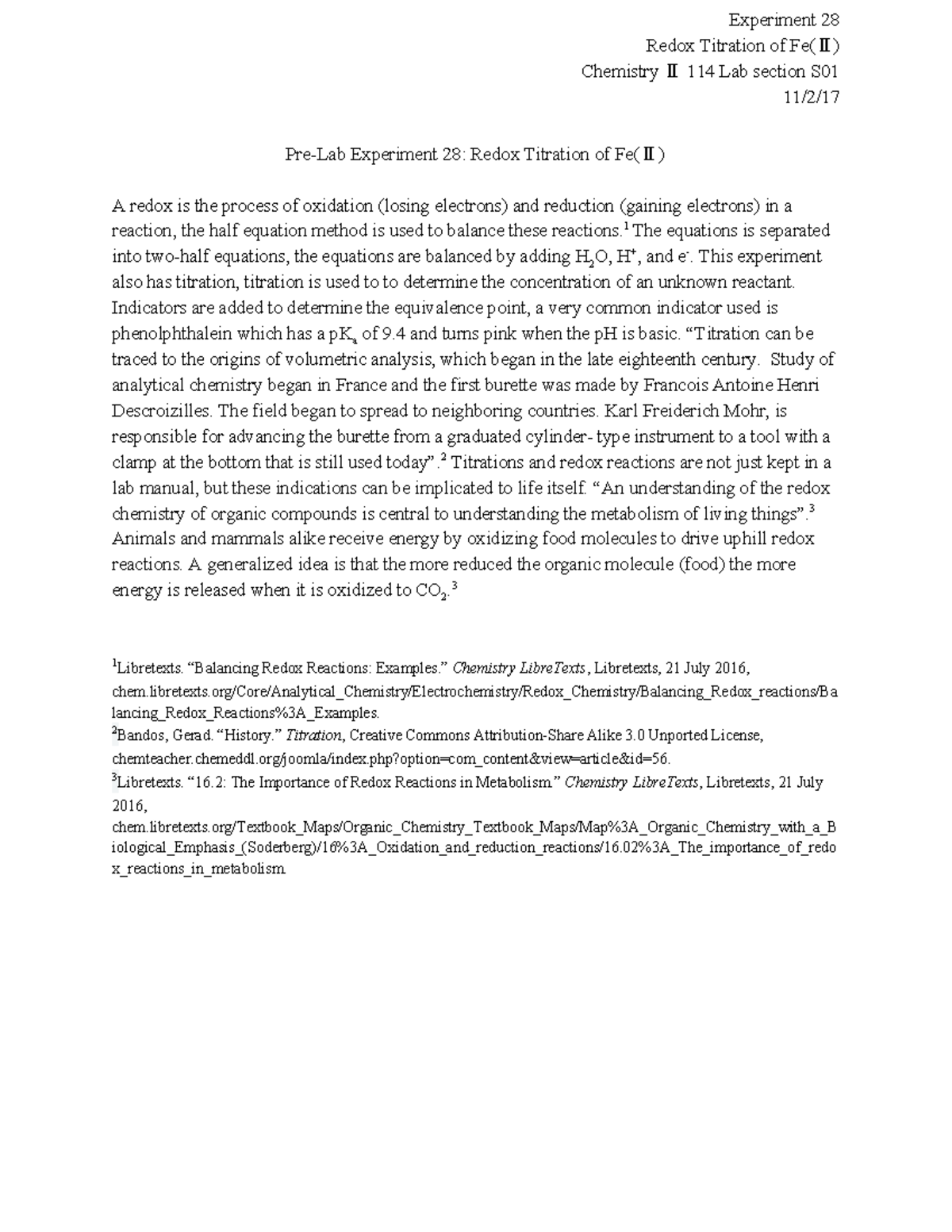 Experiment 28 Pre-lab 28 - Experiment 28 Redox Titration of Fe(II ...