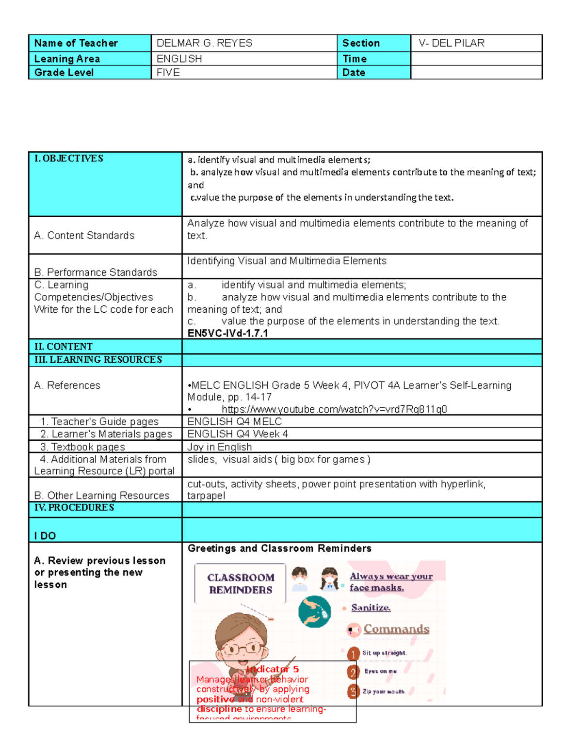 COT Delmar - Lesson in grade 5 - Name of Teacher DELMAR G. REYES ...