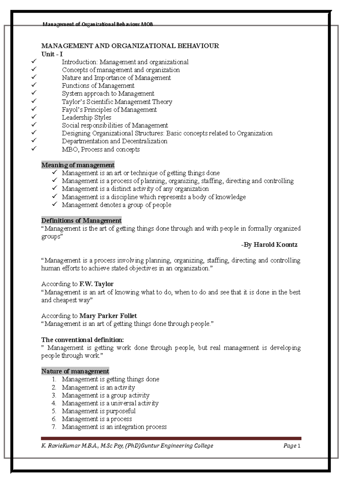 MOB Unit-1 - MANAGEMENT - MANAGEMENT AND ORGANIZATIONAL BEHAVIOUR Unit ...