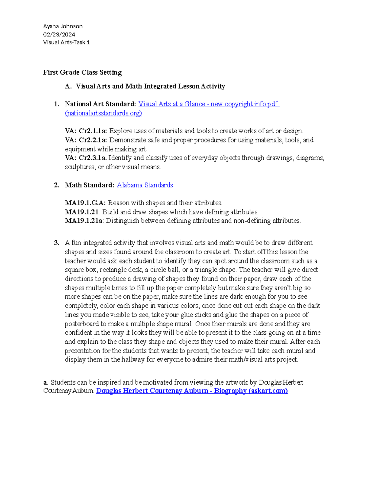 C105 Visual Arts Task - coursework - 02/23/ Visual Arts-Task 1 First ...