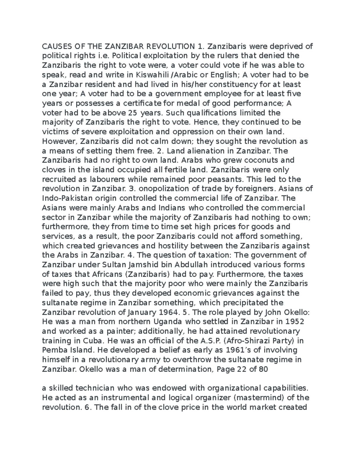 106 - history notes - CAUSES OF THE ZANZIBAR REVOLUTION 1. Zanzibaris ...