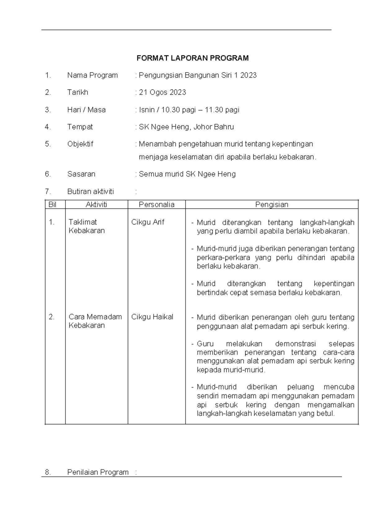 Format Laporan pengungsian bangunan - FORMAT LAPORAN PROGRAM Nama ...