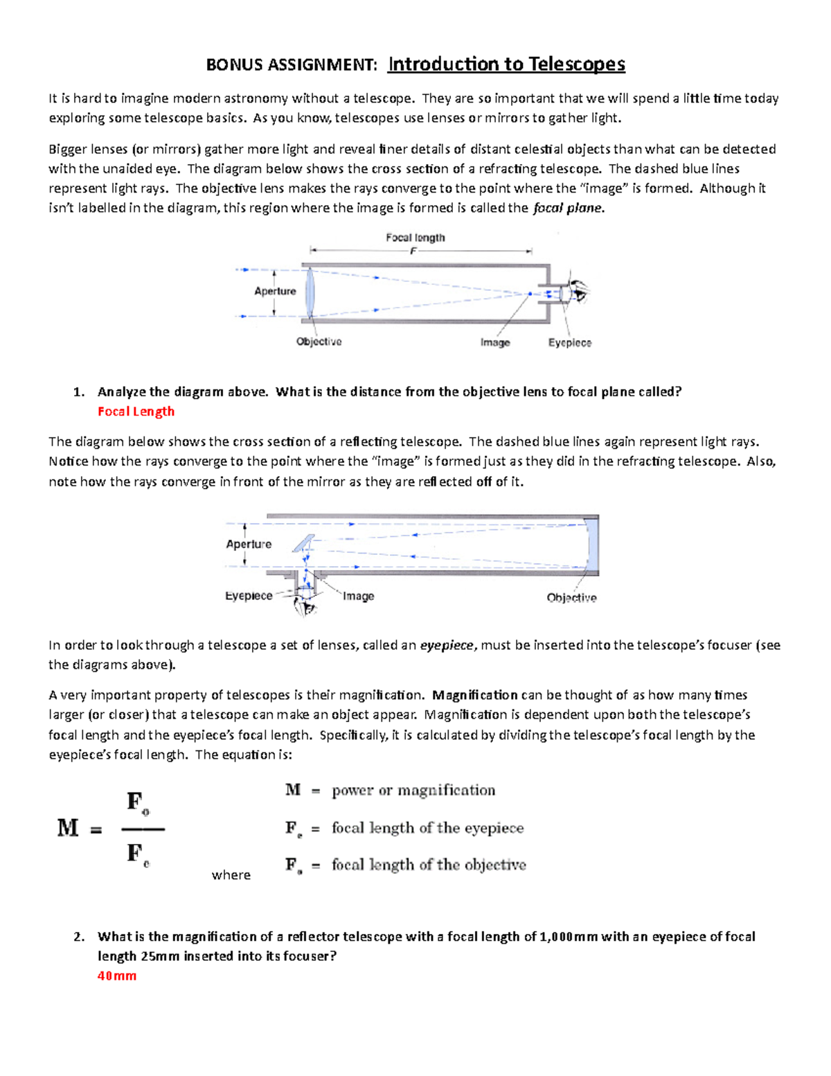 Bonus Assignment #1 - BONUS ASSIGNMENT: Introduction to Telescopes It ...
