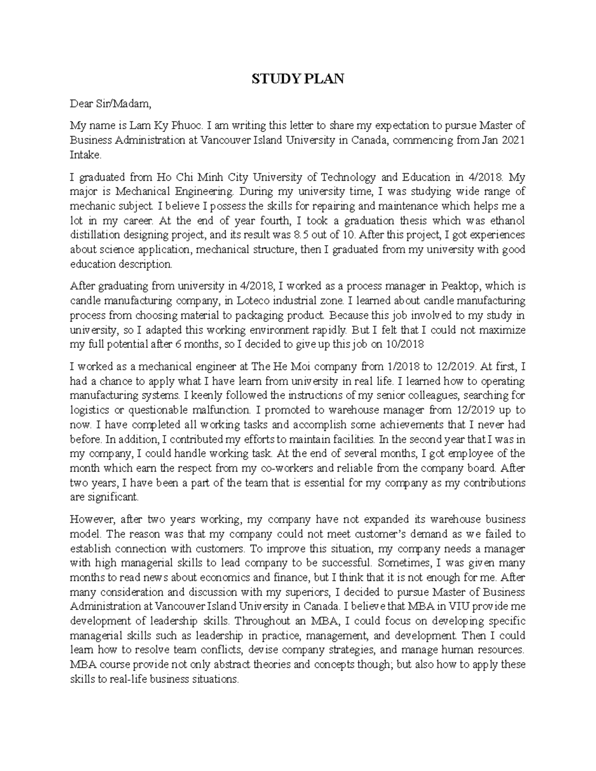 Study plan-edited - 123 - STUDY PLAN Dear Sir/Madam, My name is Lam Ky ...