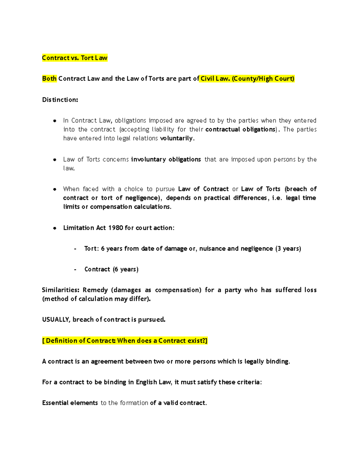 BL2 Notes (Tort) - Contract vs. Tort Law Both Contract Law and the Law ...